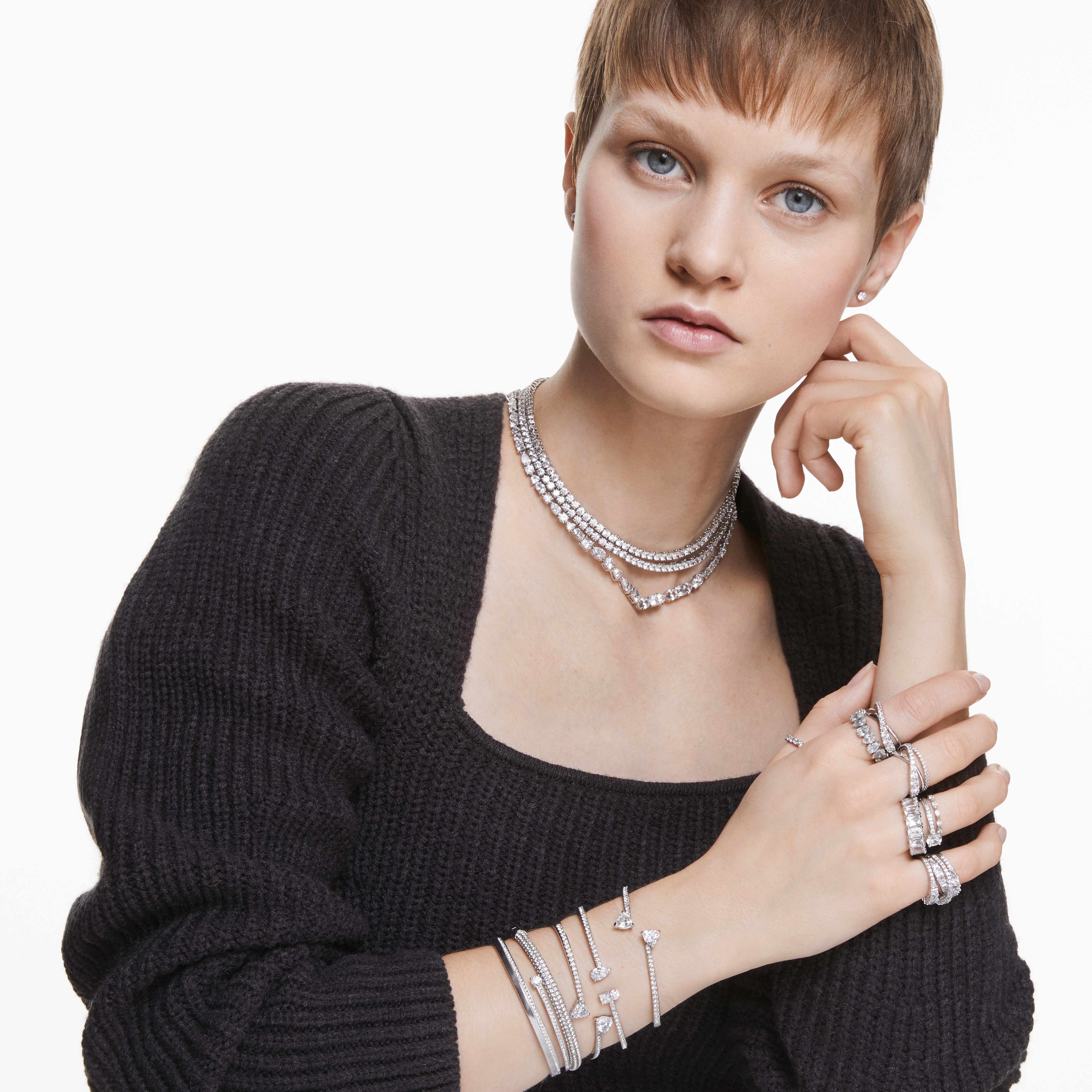 Buy Swarovski Mesmera cuff, Mixed cuts, White, Rhodium plated